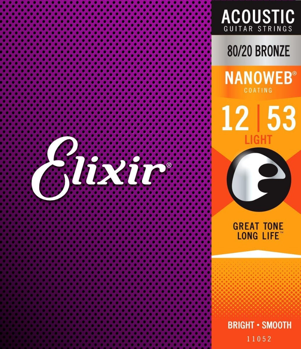 Elixir 11052 Nanoweb 80/20 Acoustic Guitar Strings Light 12-53 Gauge ...